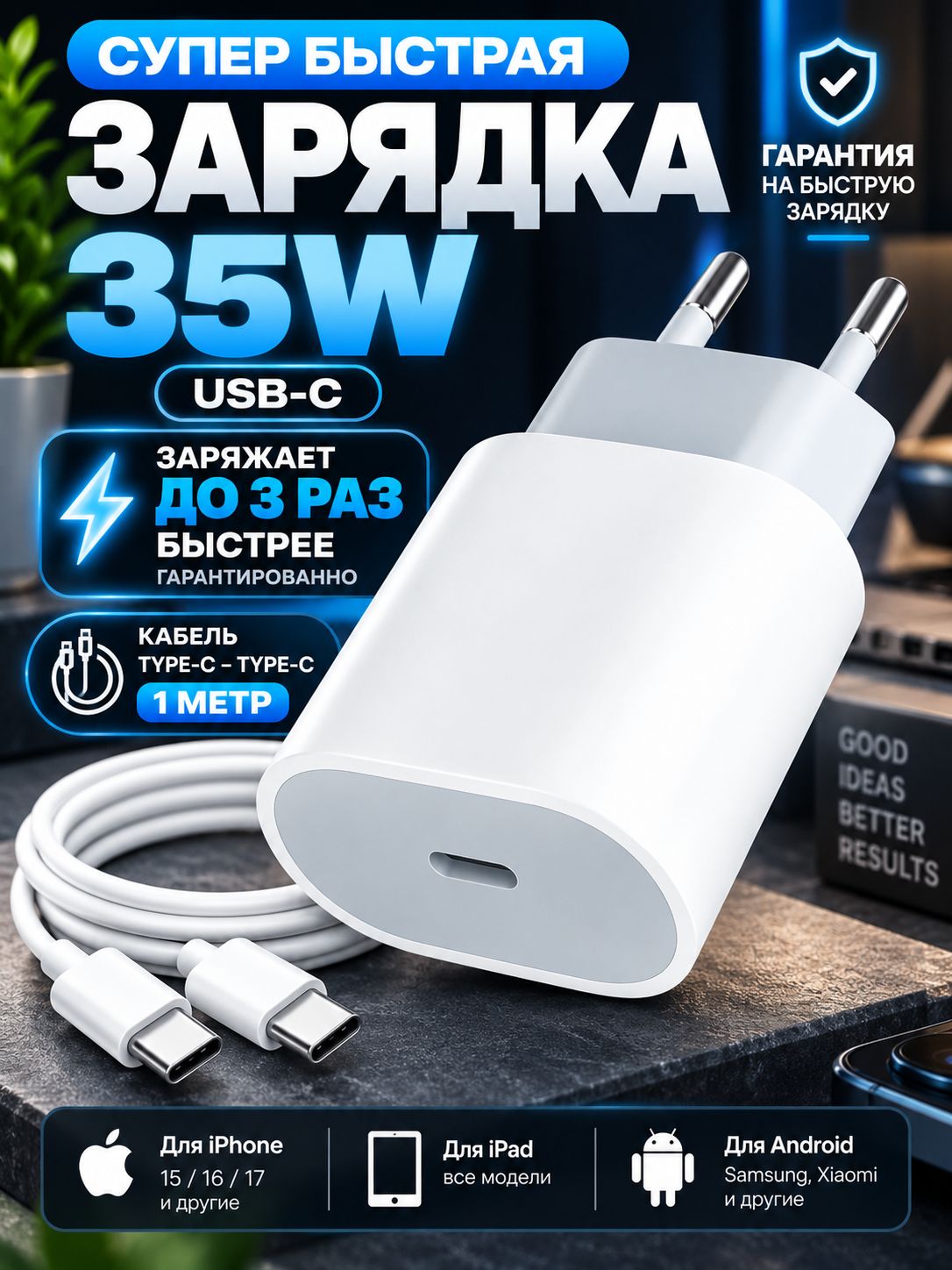 Зарядка для iPhone 35 Вт с кабелем type-c/ Быстрая зарядка на айфон 35w