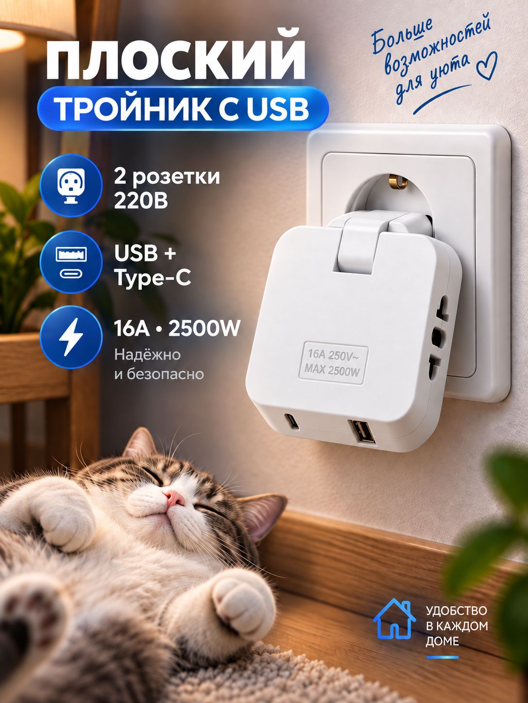 Плоский тройник для розетки с USB 2.0, USB Type-C 250V, 16A, 2500W, белый
