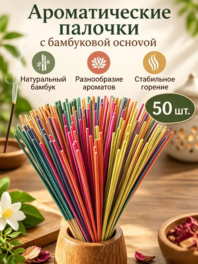 Ароматические палочки из бамбука с цветным покрытием, 50 шт: лаванда, мята, жасмин, роза, кофе, сандалкофе, сандалдраконья кровь драконья кровь для медитации и дома