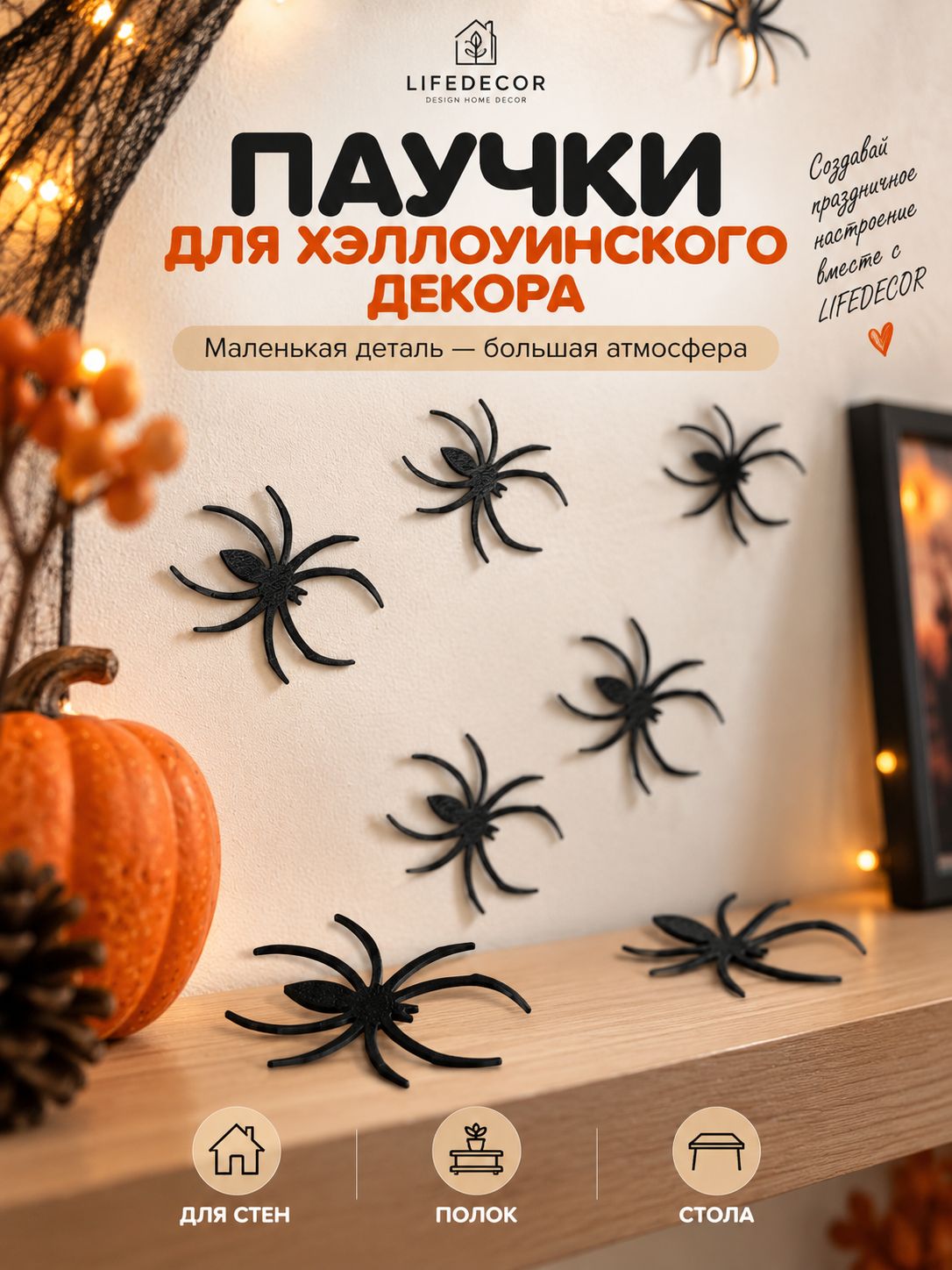 Набор пауков для Хэллоуина - декор, украшение для дома, школы, кафе, школы, садика, черный