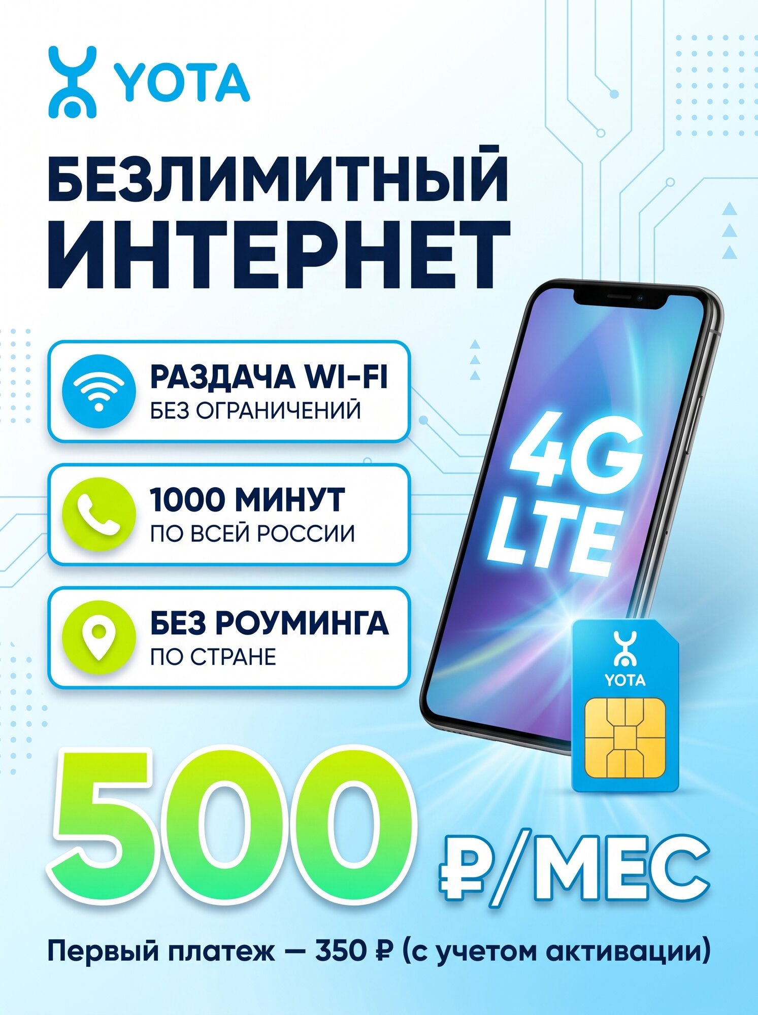 Сим-карта Yota | Безлимит интернет + 1000 мин | 500₽/мес | Для роутера, модема, камеры | Раздача Wi-Fi