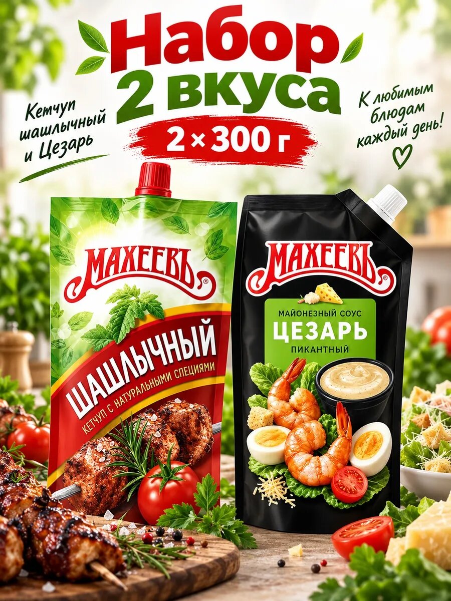 Набор соусов Махеевъ Кетчуп шашлычный и Цезарь, 2 вида: кетчуп шашлычный, Цезарь, соусы к мясу, шашлыку и салатам в одном заказе