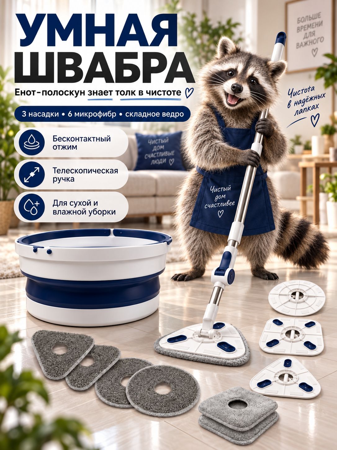 Швабра набор складное ведро/3 насадки ( умная швабра )
