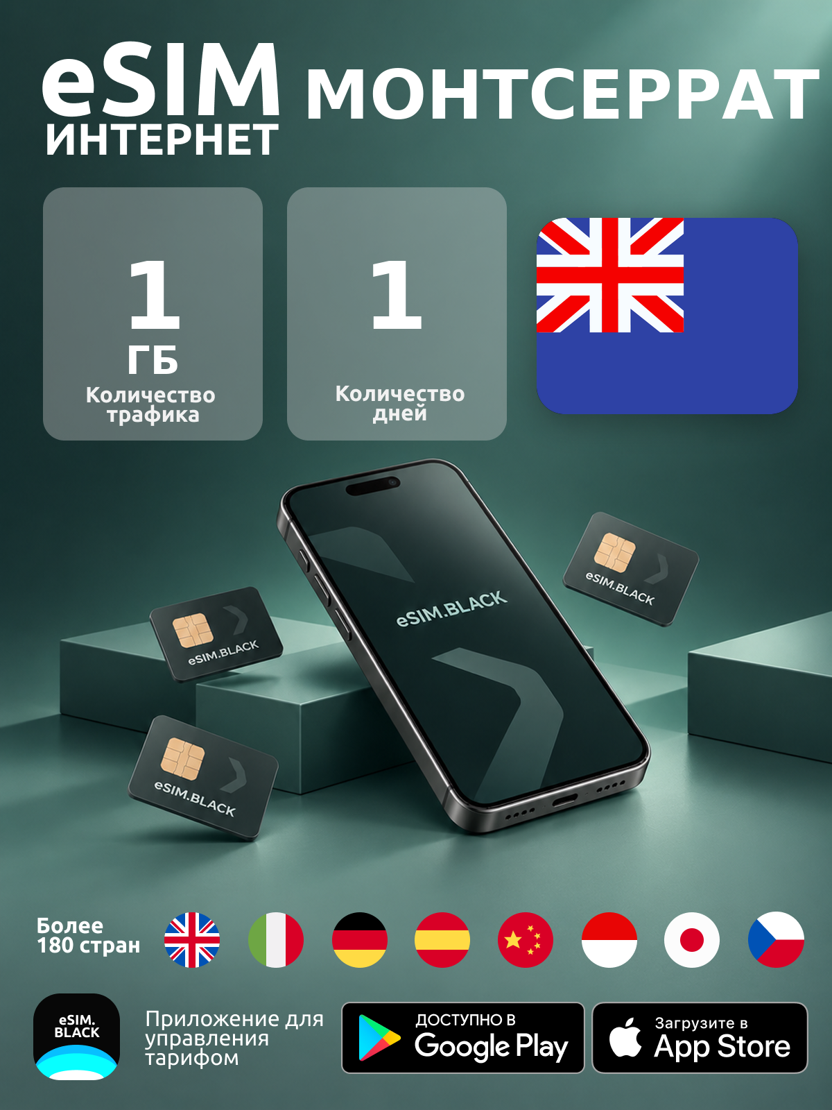 Монтсеррат/1 день/1 ГБ - eSIM для мобильного интернета ( iPhone | Android ).