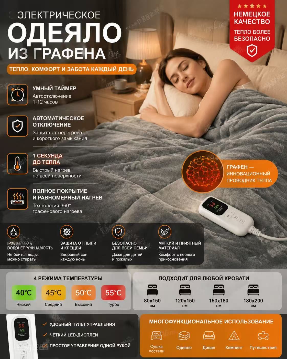 Электроодеяло 180x200 см, 1550 Вт