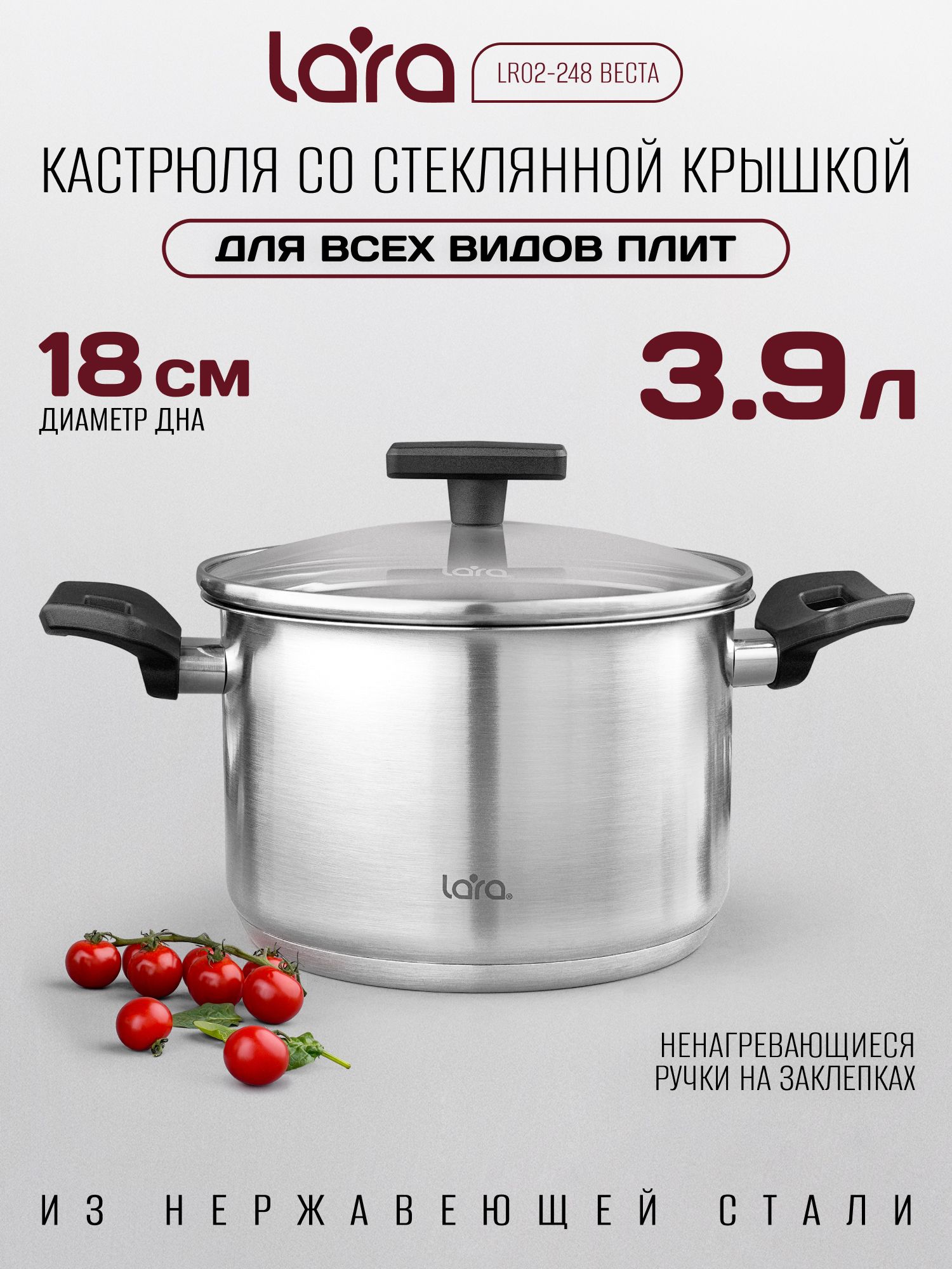 Кастрюля с крышкой 3,9л LARA Веста, из нержавеющей стали, для всех видов плит, в т. ч. для индукционных плит, LR02-248