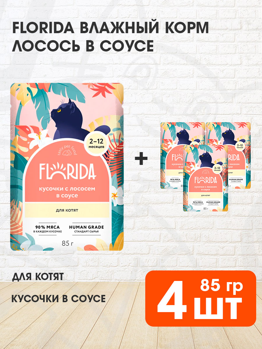 Корм влажный Florida для котят, лосось в соусе, 85 г 4 шт