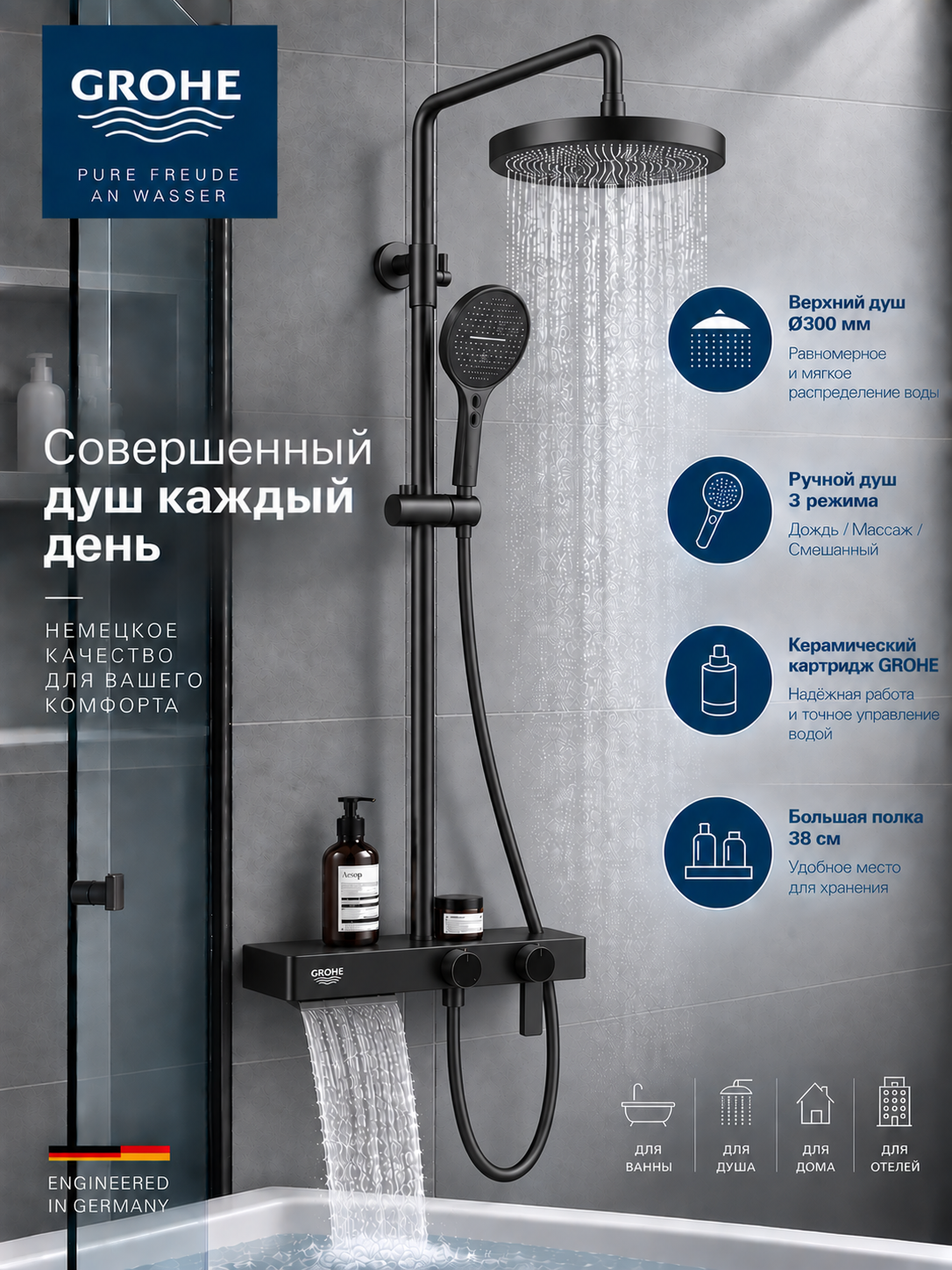 Душевая система GROHE смеситель для ванны с душем ШирокаЯ платформа длЯхранениЯ