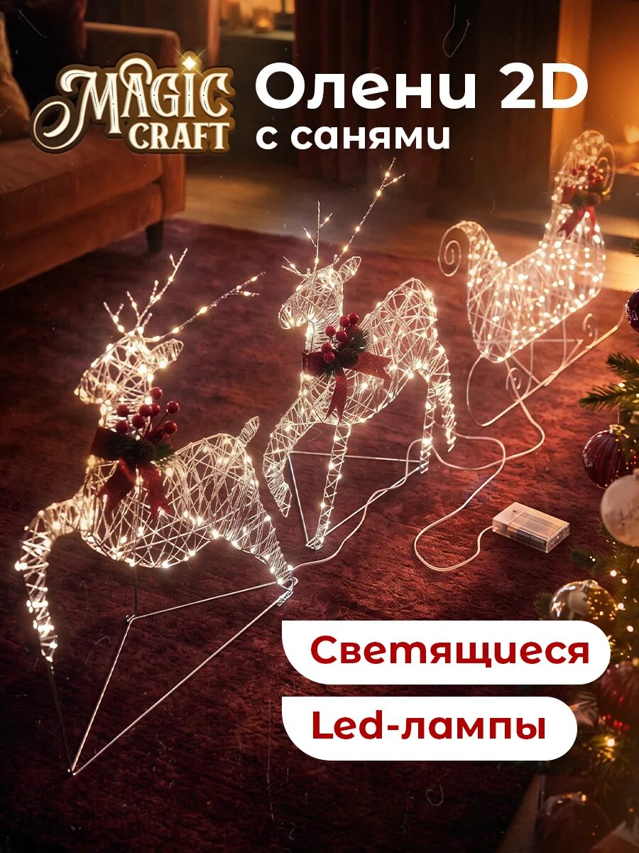 Светящиеся фигуры новогодние олени с санями светодиодные