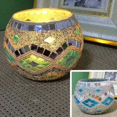 Подсвечник из стеклянной мозаики светло-синий, настольный, 8x10 см, с чайной свечой