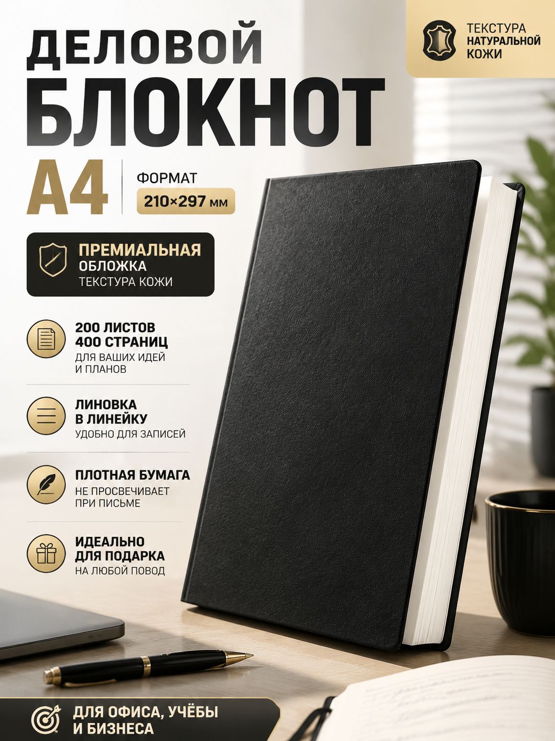 Блокнот A4 в линейку, 200 листов / 400 страниц, твёрдая