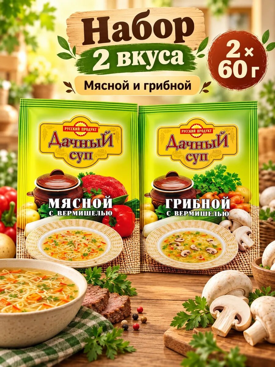 Набор супов Дачный сезон Мясной и грибной, 2 вкуса по 60 г: мясной, грибной, суп быстрого приготовления, ассорти