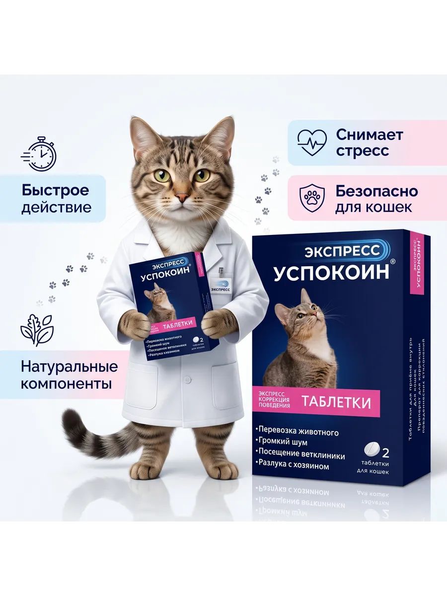 Экспресс Успокоин таблетки успокоительные для кошек при стрессе, переезде и громких звуках, 2 таблетки