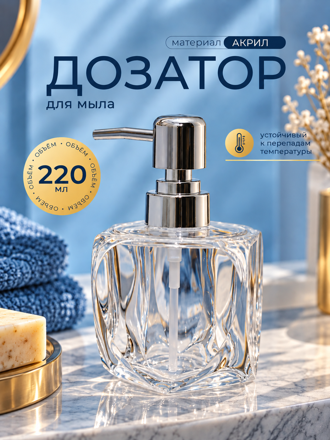 Дозатор для жидкого мыла «Хрусталь» 220мл, прозрачный, 10x9,5x14см
