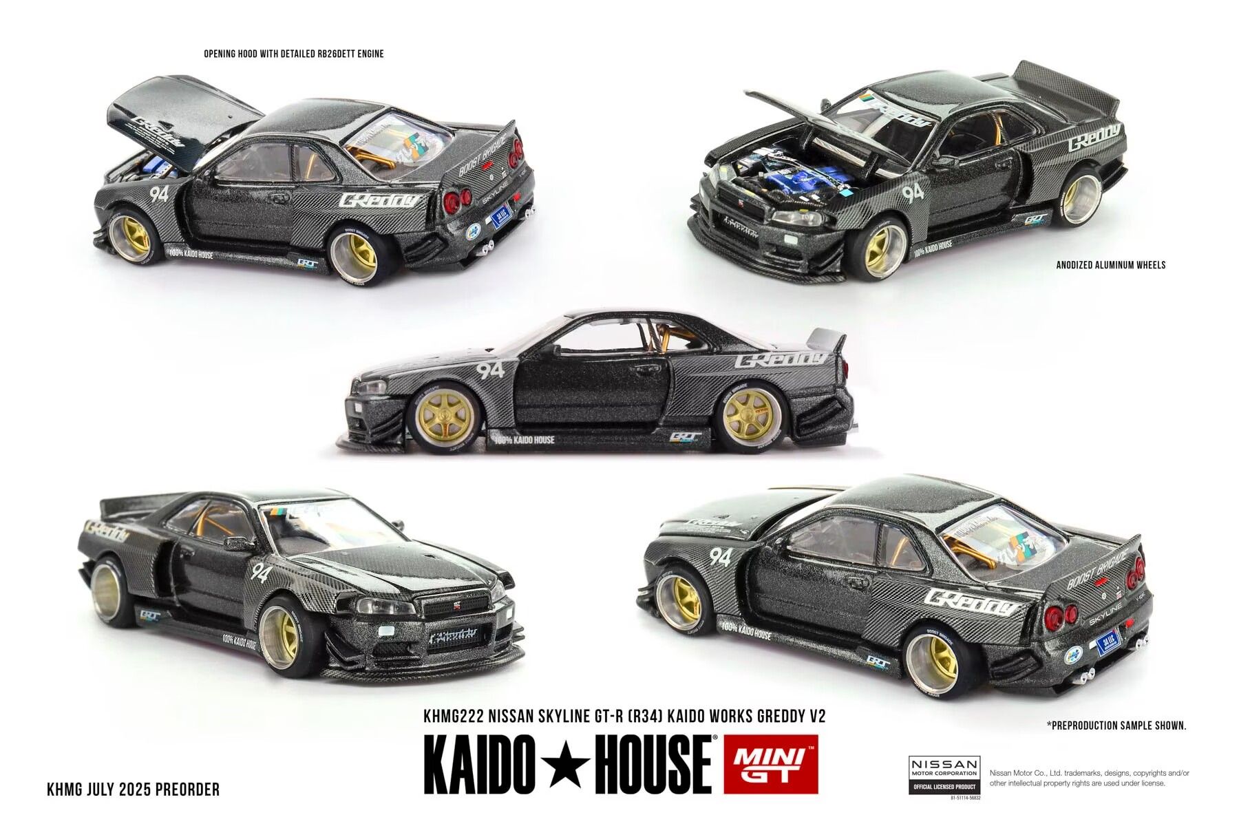 Машинка MINI GT 1:64 #222 Nissan Skyline GT-R R34 Kaido Works GReddy V2 Die-cast Alloy Model Collection Toy Children Gifts