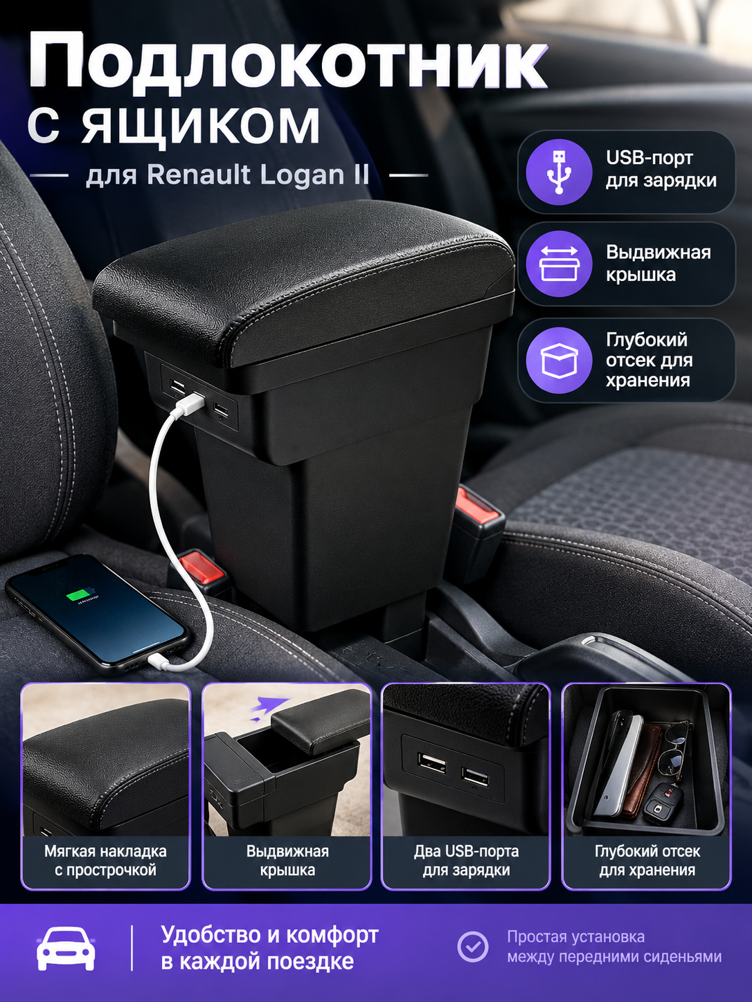 Подлокотник с ящиком для Renault Logan II, USB-порт для зарядки, выдвижная крышка, черный
