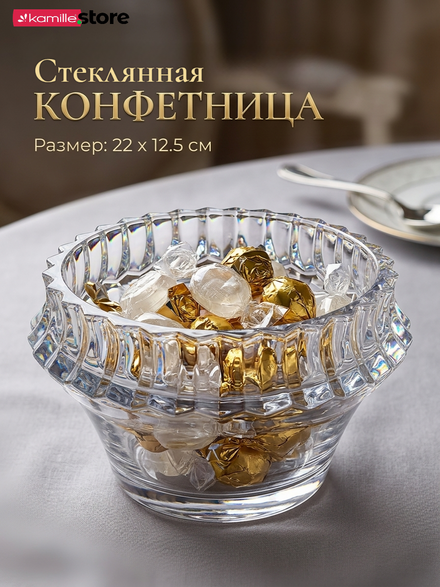 Ваза для конфет, печенья, фруктов 22х12,5 см. стеклянная (прозрачный)