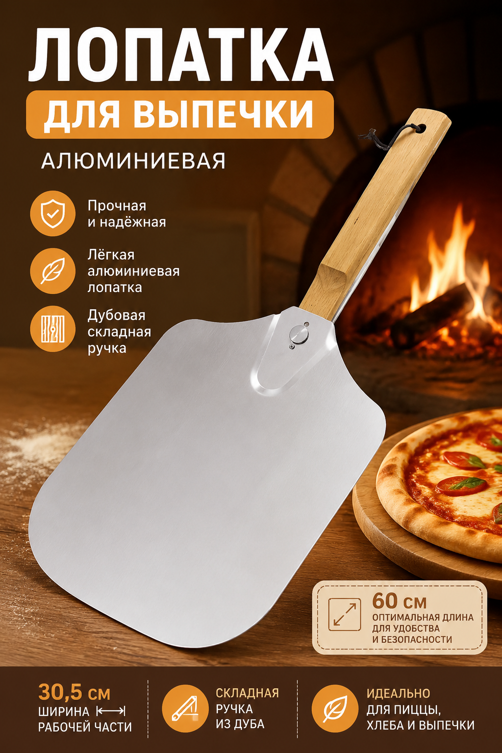 Лопатка для выпечки алюминиевая, 60 см, с дубовой складной ручкой