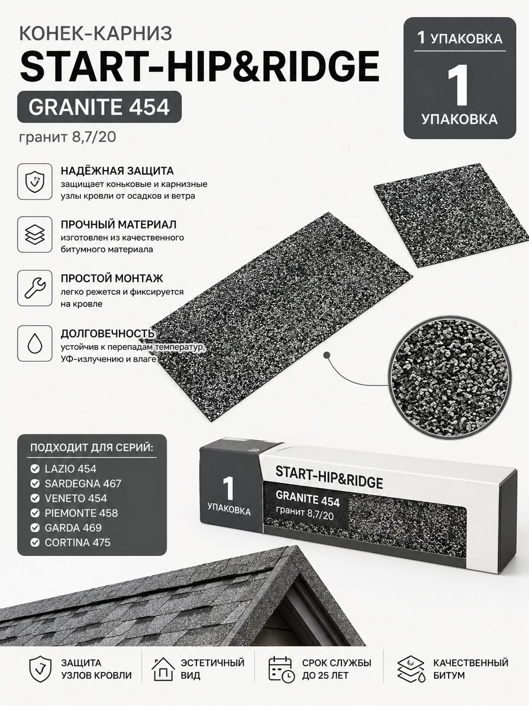Конек-карниз START-HIP&RIDGE GRANITE 454 гранит 8,7/20 (для LAZIO 454 SARDEGNA467 VENETO454 PIEMONTE458 GARDA469 CORTINA475)
