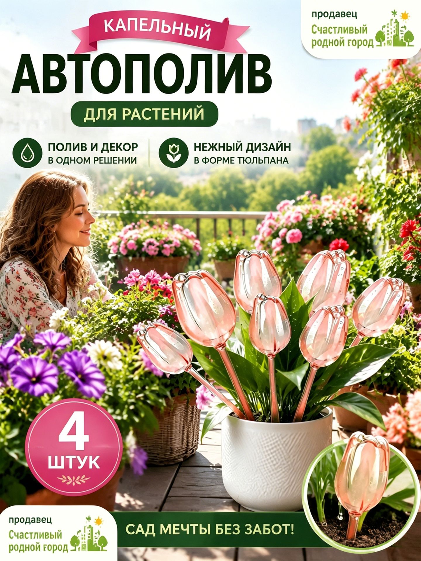 Кашпо с автополивом 25 см, 4 шт, цвет розовый
