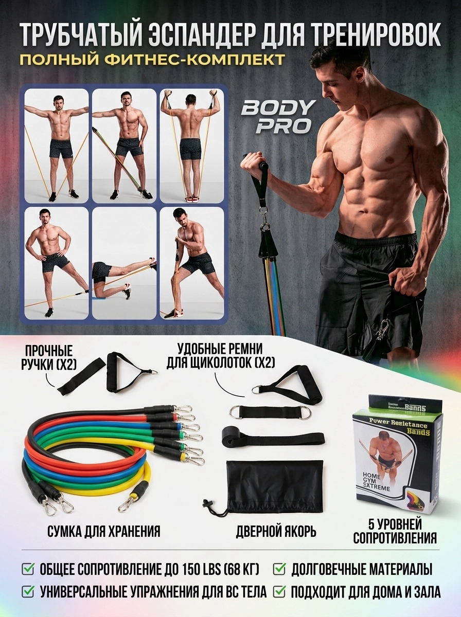 Трубчатый эспандер для тренировкок Power Resistance Bands набор 11 предметов