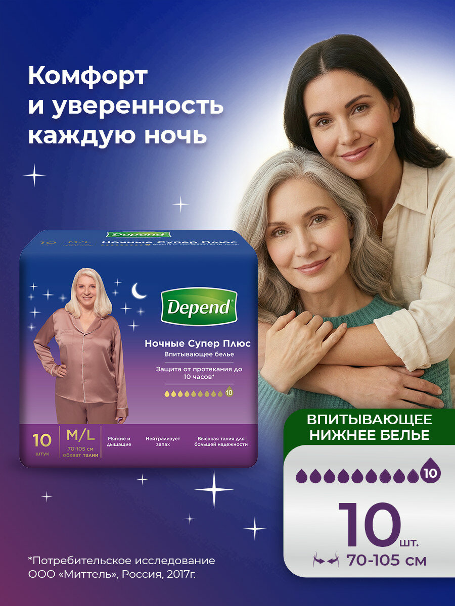 Подгузники для взрослых ночные Depend Супер Плюс M / L для женщин, 10 шт
