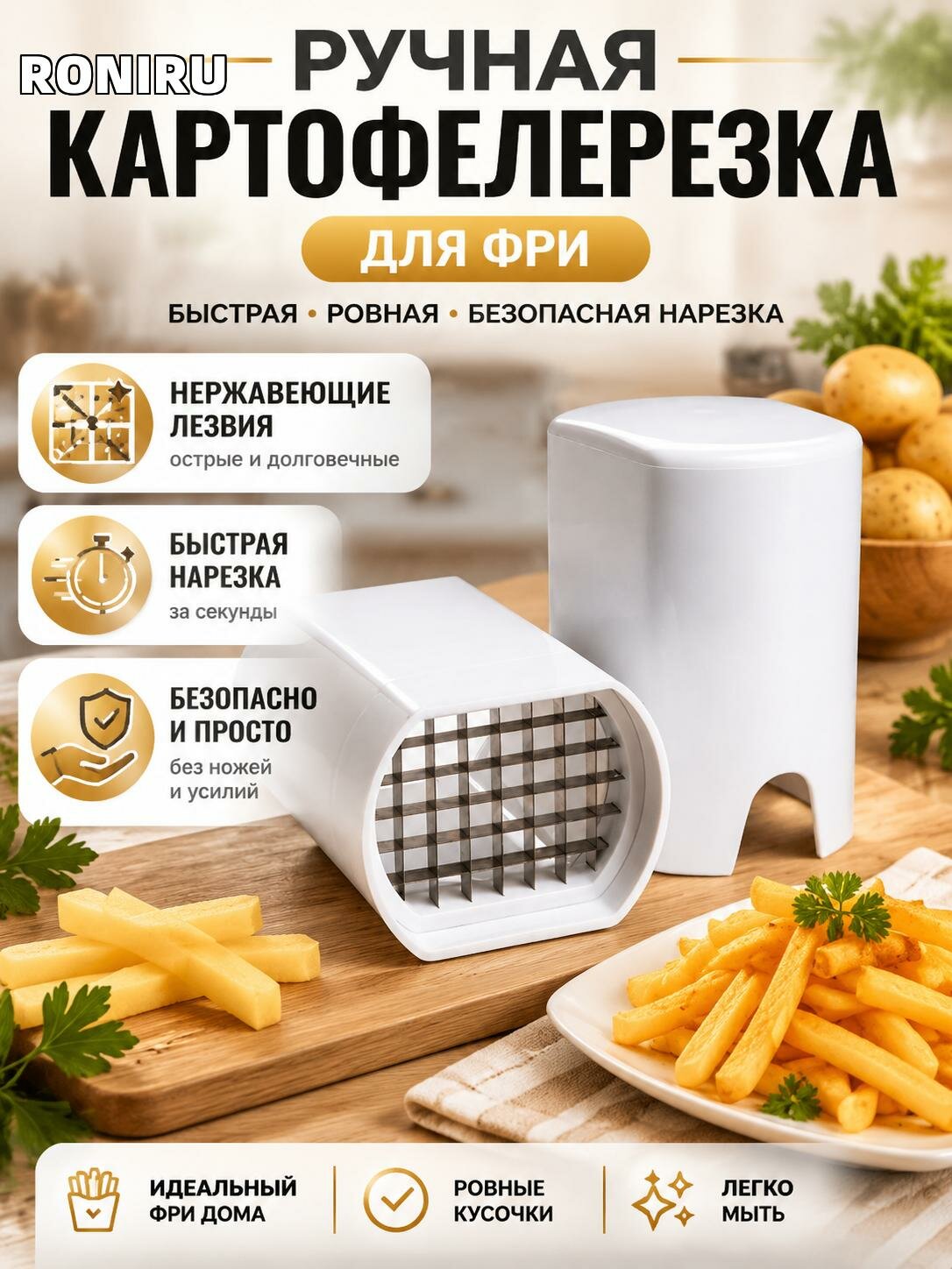 Ручная картофелерезка для фри — быстрая и безопасная нарезка картошки нержавеющими лезвиями для домашней кухни