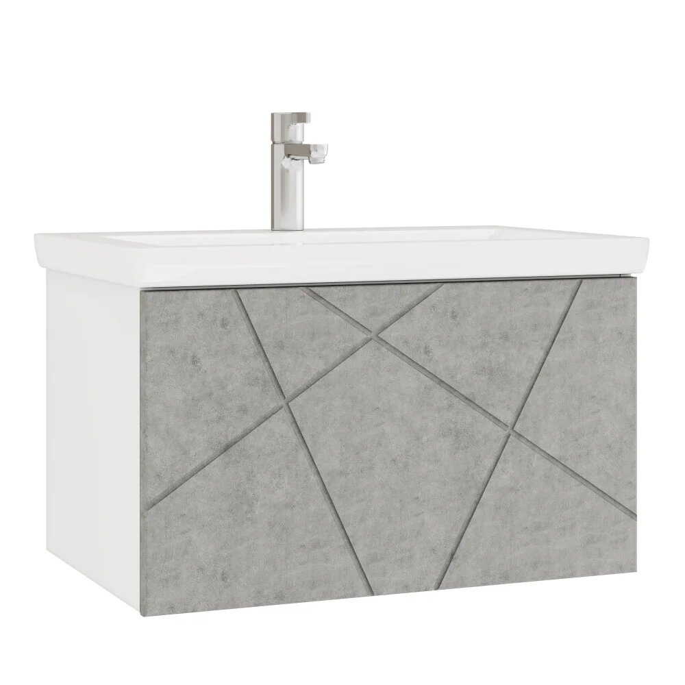 Тумба с раковиной Vigo Geometry 60 подвесная, 60 см, серая, матовая, с ящиками, раковина для ванной, фарфоровая, прямоугольная, встроенный слив-перелив
