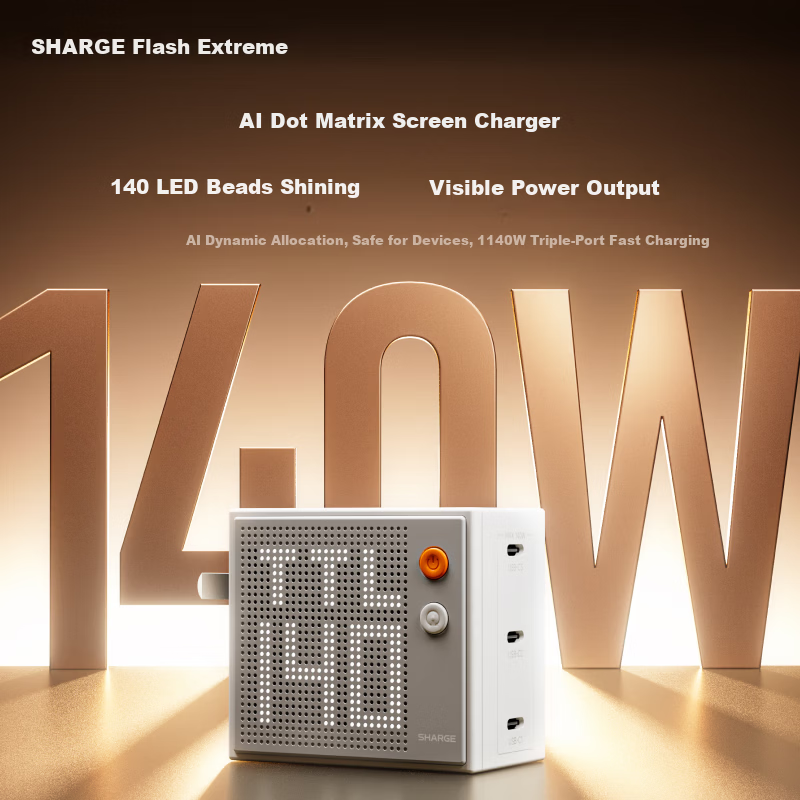 SHARGE 140 Вт быстрая зарядка с матричным дисплеем GaN PD - тройной порт USB-C для iPhone 16/17 и ноутбуков Huawei