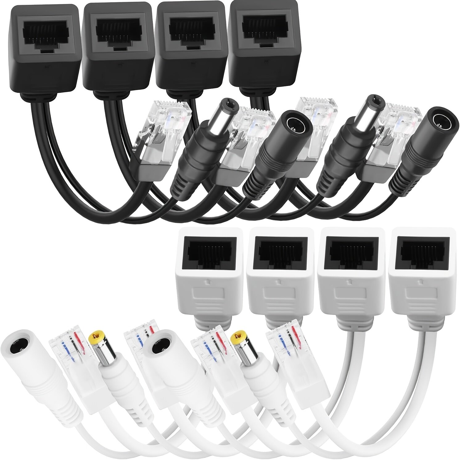 4 пары пассивных PoE инжекторов и сплиттеров с интерфейсом RJ45 и разъемом питания DC 5.5x2.1 мм, черный/белый