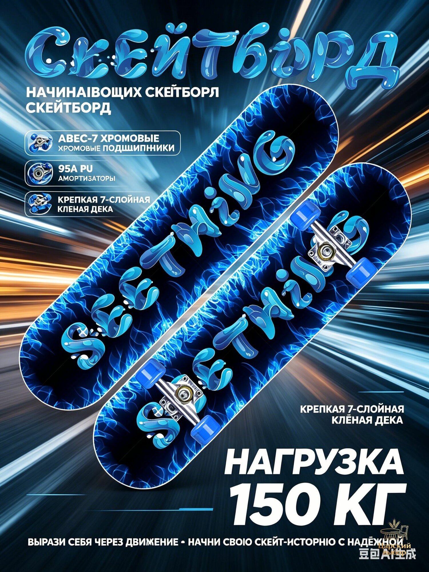 Скейтборд для начинающих, 7-слойная клеёная дека, подшипники ABEC-7, PU колёса 95А, максимальная нагрузка 150 кг