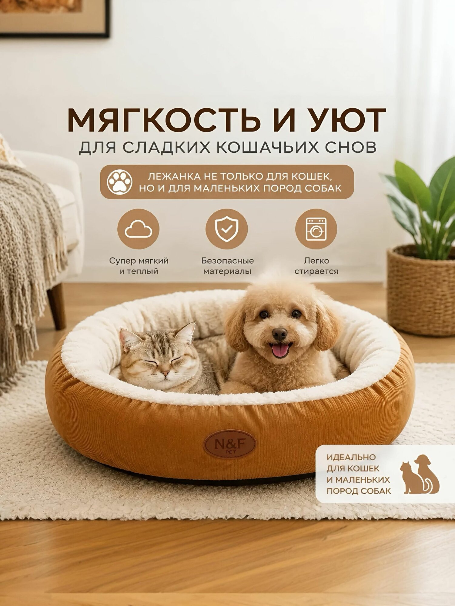 Лежак для собак и кошек, овальный, нескользящий, с бортиками