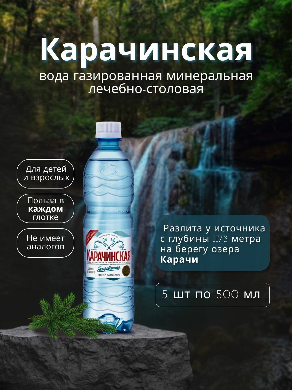 Минеральная вода Карачинская 0,5 л, газированная 5 шт, 500 мл