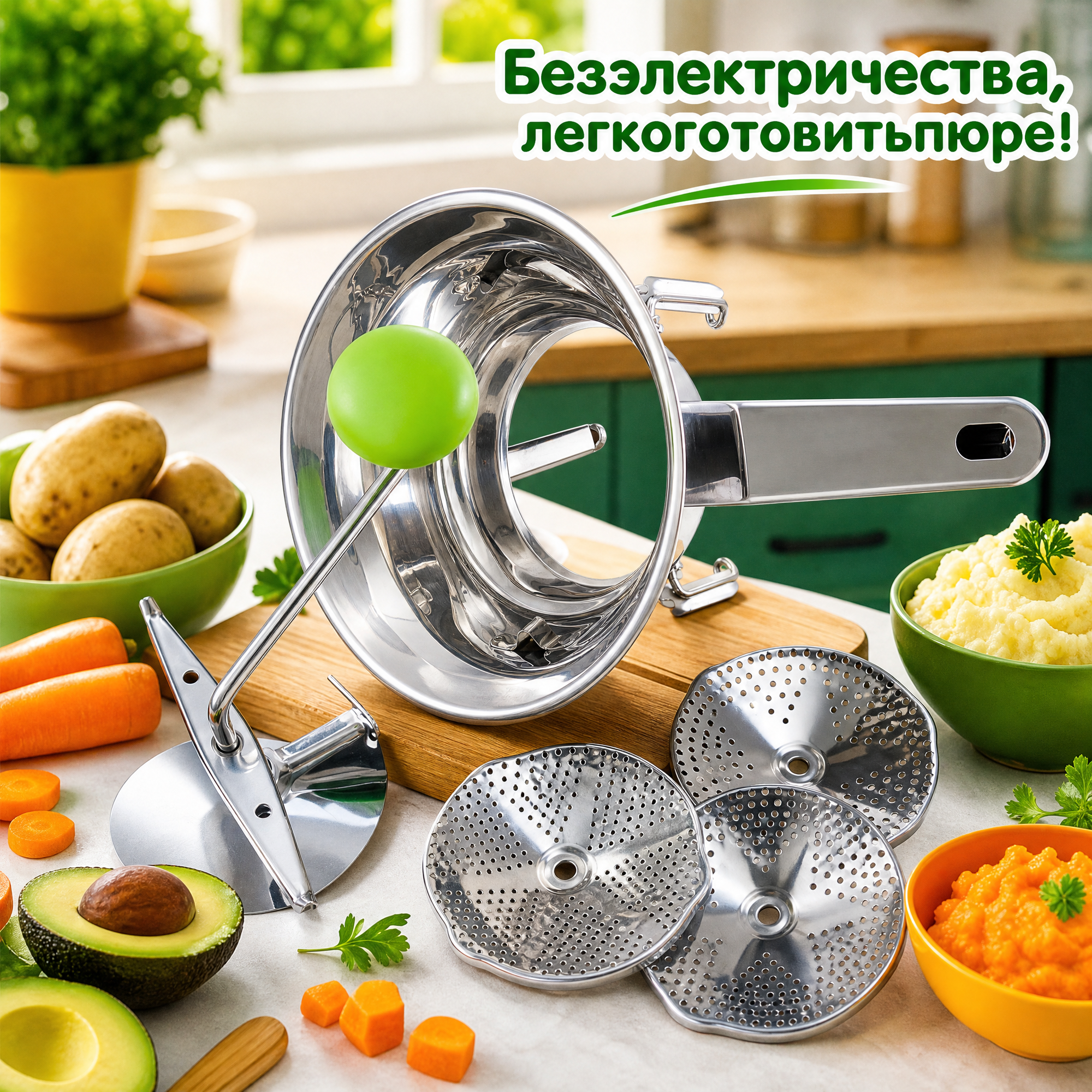 Сито, диаметр 24 см, диски с тремя размерами отверстий, подходят для домашнего приготовления картофельного пюре, варенья