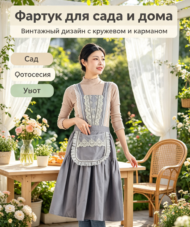 Фартук в винтажном стиле с кружевом, длинный фартук с карманом для кухни, выпечки, для фотосессий в саду