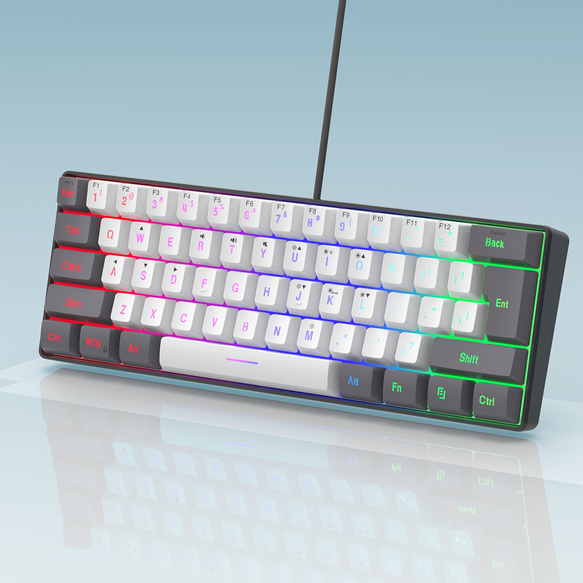 Игровая мембранная клавиатура, проводная, USB, 61 клавиша, с RGB подсветкой, ультратонкая, цвет: серый/белый
