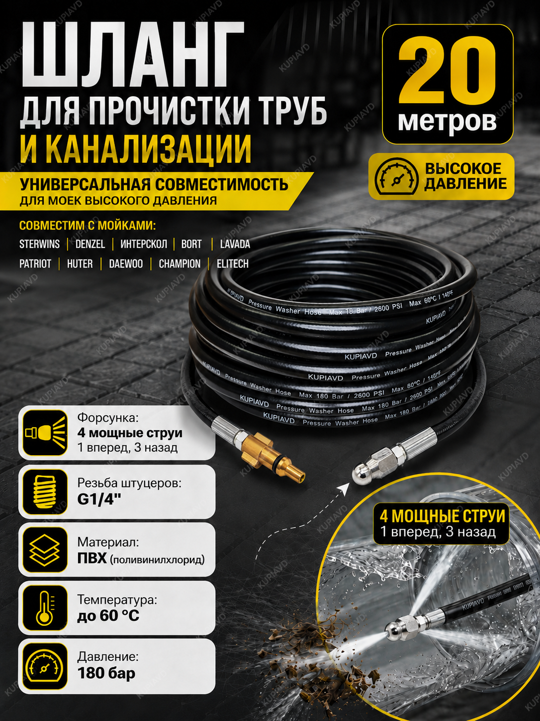 Шланг для мойки высокого давления для прочистки канализационных труб STERWINS DENZEL ИHTEPCKOЛ BORT LAVADA PATRIOT HUTER DAEWOO CHAMPION ELITECH 20м