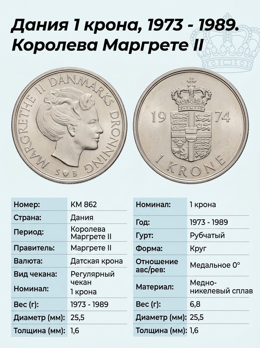 Дания 1 крона, 1974 Королева Маргрете II XF