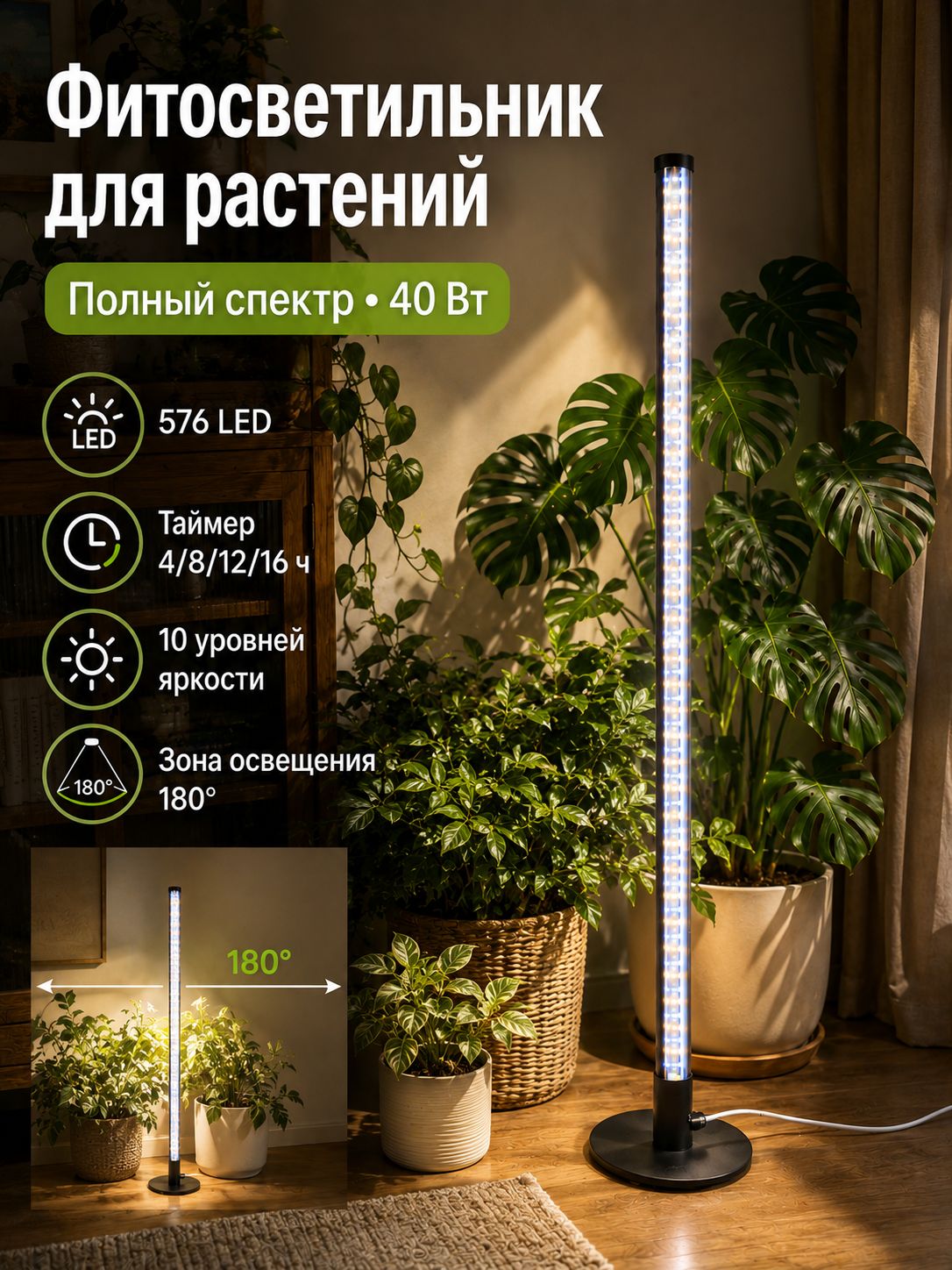 Фитолампа для рассады и комнатных растений, полный спектр, мощность 40 Вт, двойной таймер, светодиодный светильник