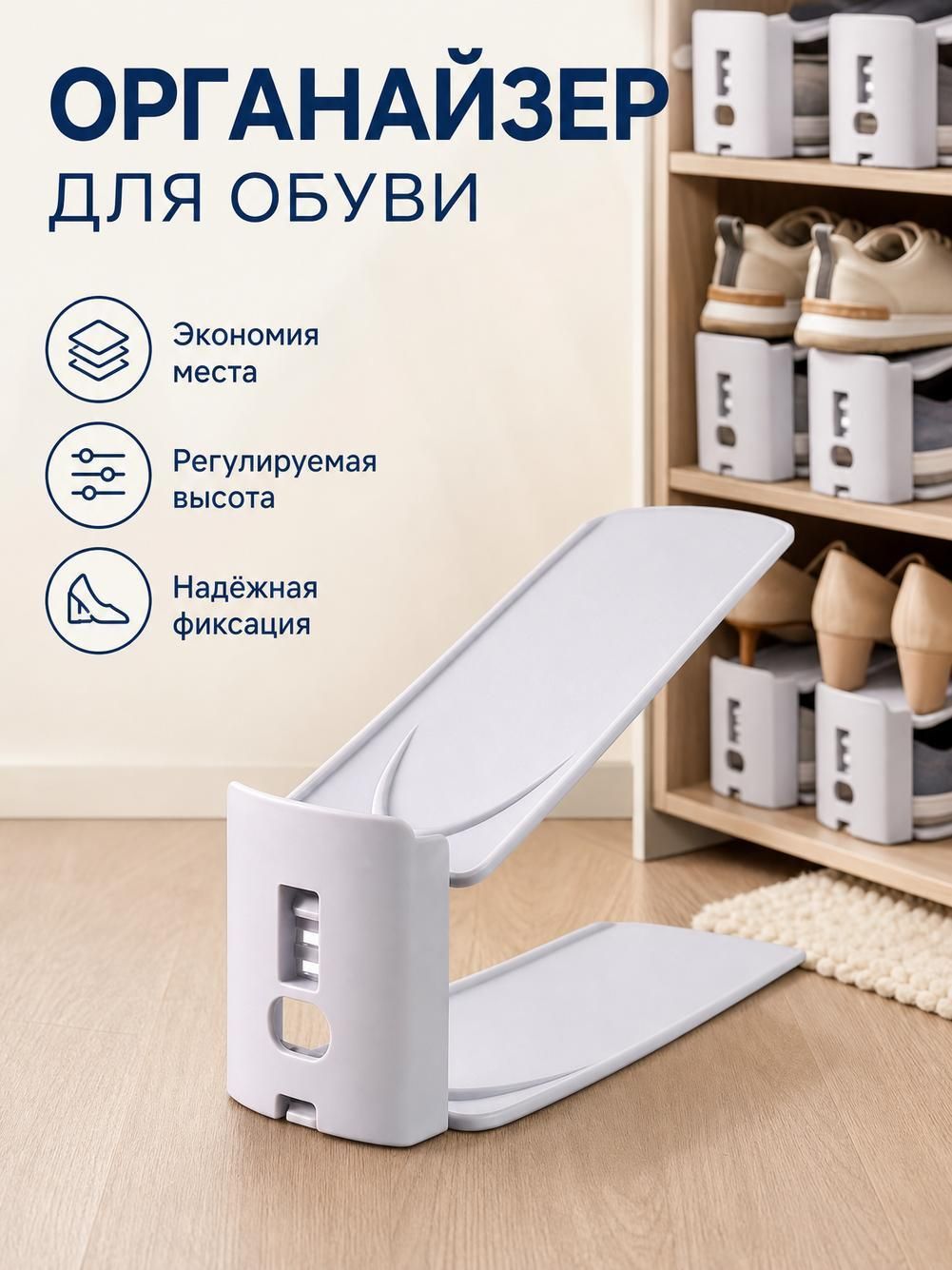 Двухъярусная полка для обуви, регулировка формы корпуса в трёх положениях для сохранения формы обуви, вертикальное хранение для экономии места