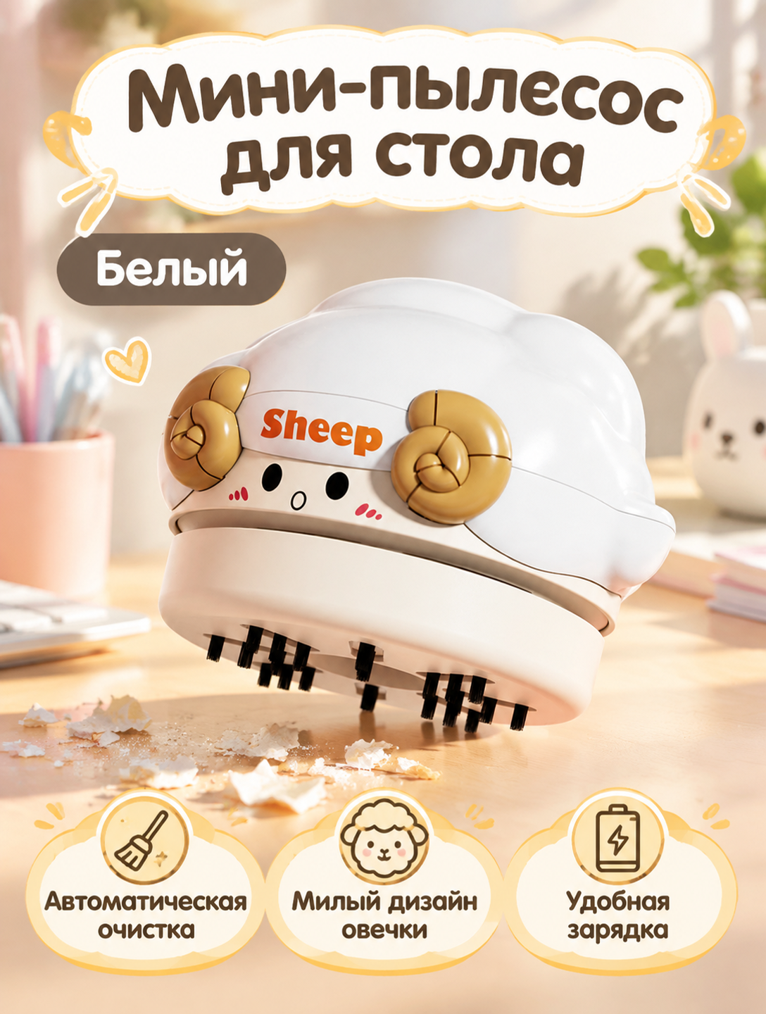 Мини-пылесос для очистки стола и клавиатуры, пластиковый корпус белого цвета, автоматическое удаление пыли, компактное устройство с перезаряжаемым акк