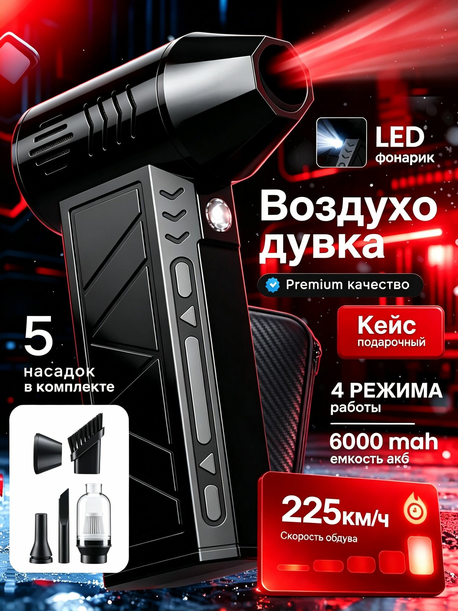 5в1 Воздуходувка аккумуляторная мощная, ручной пылесос TURBO 160, 6000 мАч, 5 насадок, 3 режима, c защитным кейсом и TYPE-C