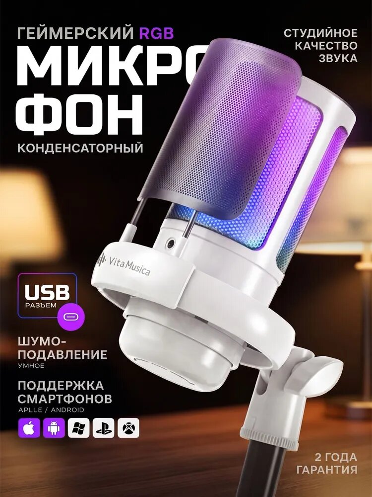 Микрофон для компьютера конденсаторный профессиональный / Игровой USB микрофон для ПК с поп фильтром