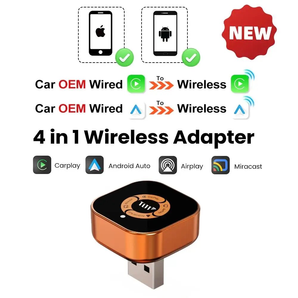 4 в 1 Беспроводной адаптер Carplay/Android Auto/Airplay/Miracast, Цвет: 4in1 414