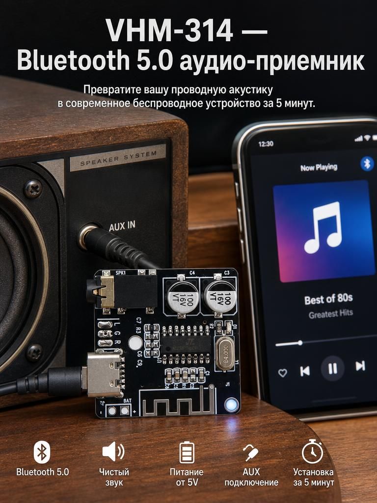 Bluetooth модуль VHM-314 блютуз аудио приемник Bluetooth 5.0 для колонки, магнитолы, музыкального центра, усилителя блютуз модуль AUX 3.5мм