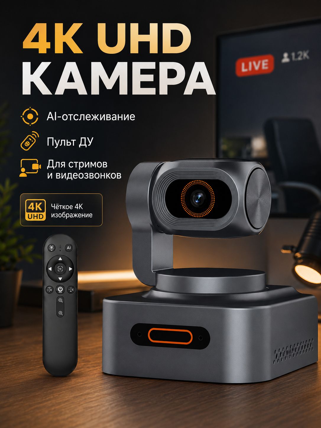 Поворотная веб камера 4K с автофокусом ИИ отслеживанием микрофоном пультом и управлением жестами