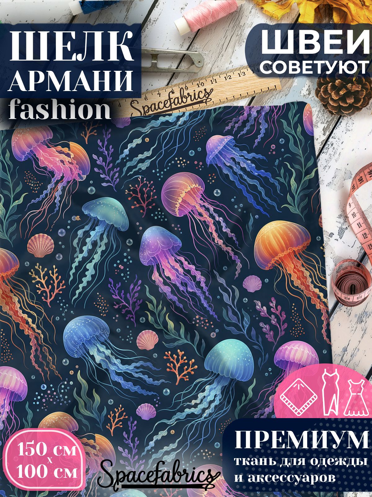 Ткань для шитья шелк Армани, искусственный шелк для костюмов, платьев, юбок с принтом Морские животные
