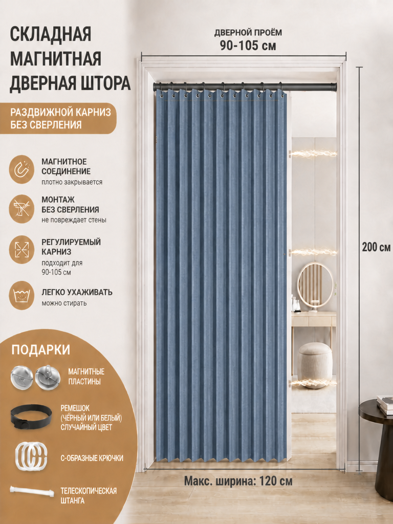Магнитная шторка для дверного проема 90-105 см, высота 200 см, ширина до 120 см, синяя