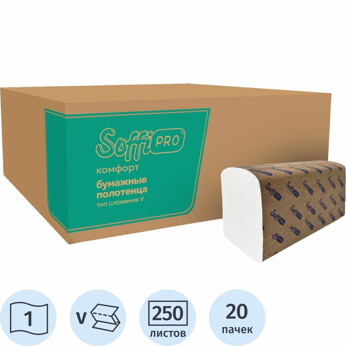 Полотенца бумажные листовые SoffiPRO H3 Комфорт V-сложение (ZZ) 1-слойные белые, 20 пачек по 250 листов (10901423)
