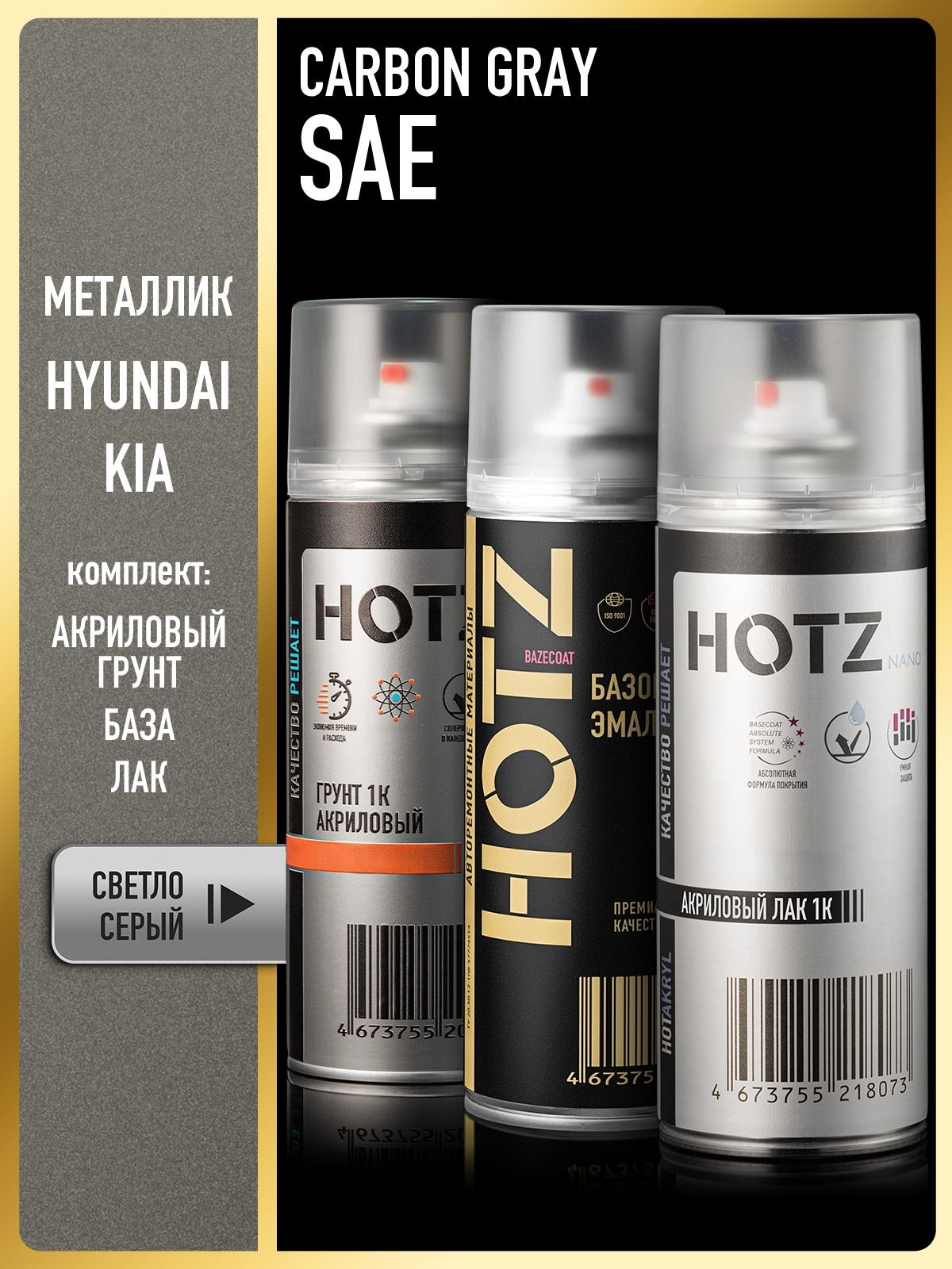 Комплект: (Краска аэрозольная 1K "Hyundai/Kia Carbon Gray SAE" 520 мл + Грунт 1К выравнивающий, Светло - серый, 520 мл + Лак 1К, 520 мл.), HOTZ